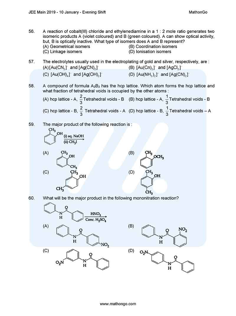 JEE Main 2019 Question Paper with Answer Keys (10th January – Evening ...