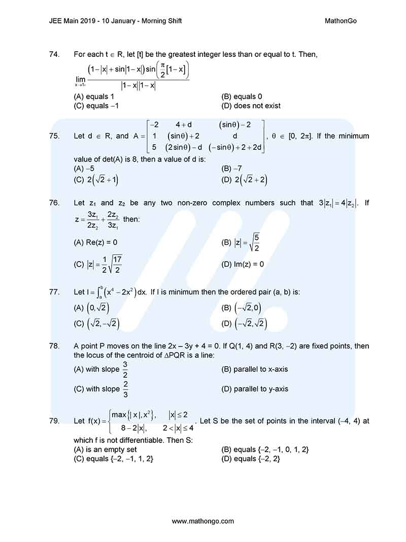 JEE Main 2019 Question Paper with Answer Keys (10th January – Morning ...