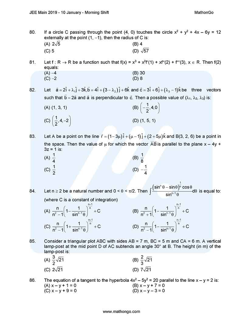 JEE Main 2019 Question Paper with Answer Keys (10th January – Morning) – MathonGo