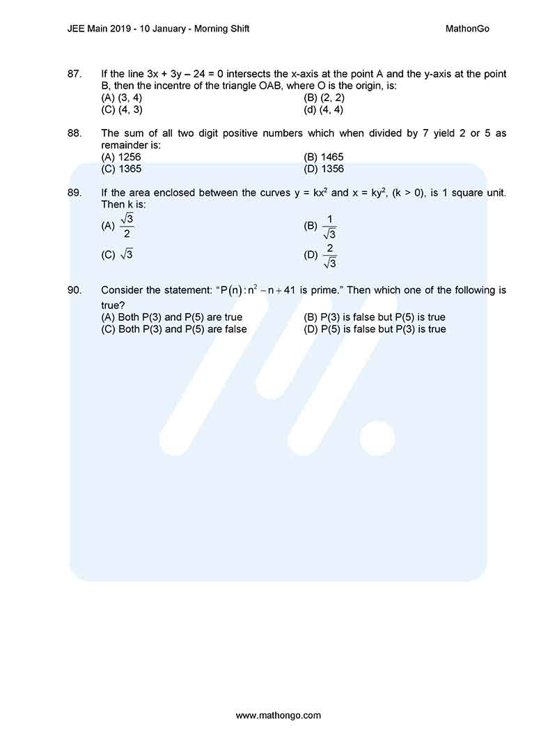 JEE Main 2019 Question Paper with Answer Keys (10th January – Morning) – MathonGo