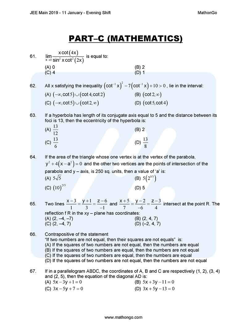 JEE Main 2019 Question Paper with Answer Keys (11th Jan – Evening ...