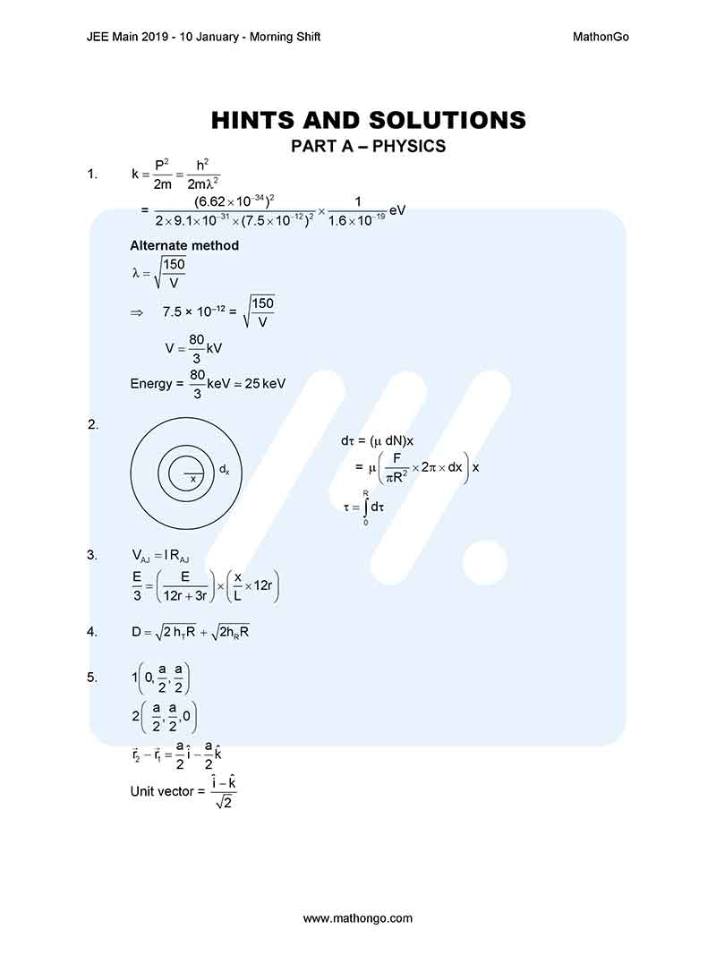 JEE Main 2019 Question Paper with Answer Keys (10th January – Morning ...