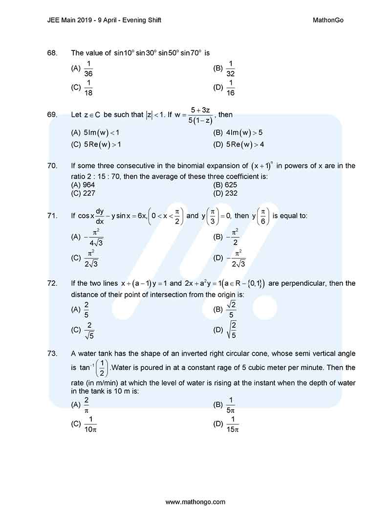 JEE Main 2019 Question Paper with Answer Keys (9th April – Evening ...
