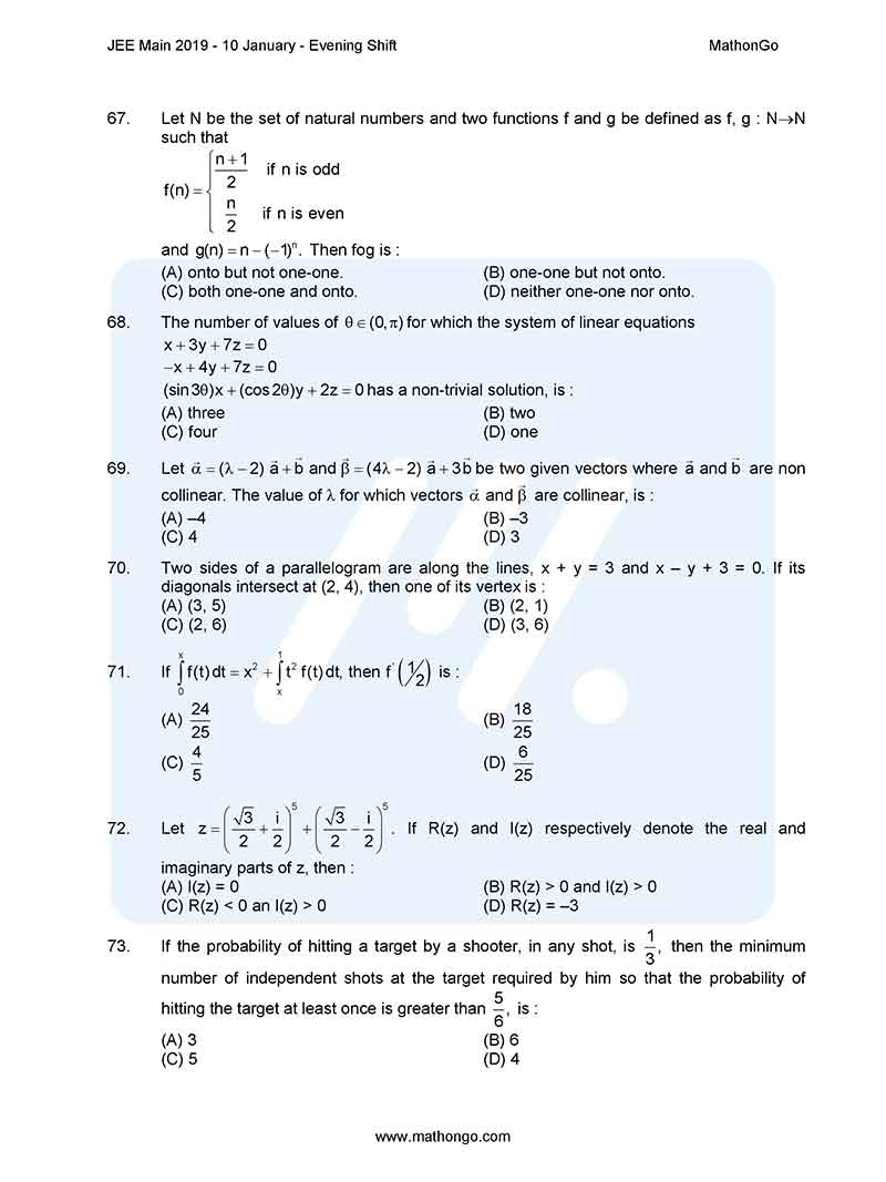 JEE Main 2019 Question Paper with Answer Keys (10th January – Evening) – MathonGo