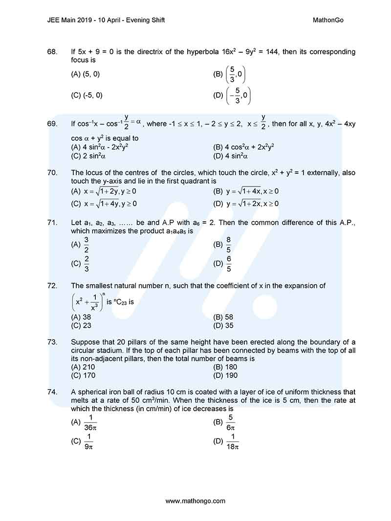 JEE Main 2019 Question Paper with Answer Keys (10th April – Evening ...