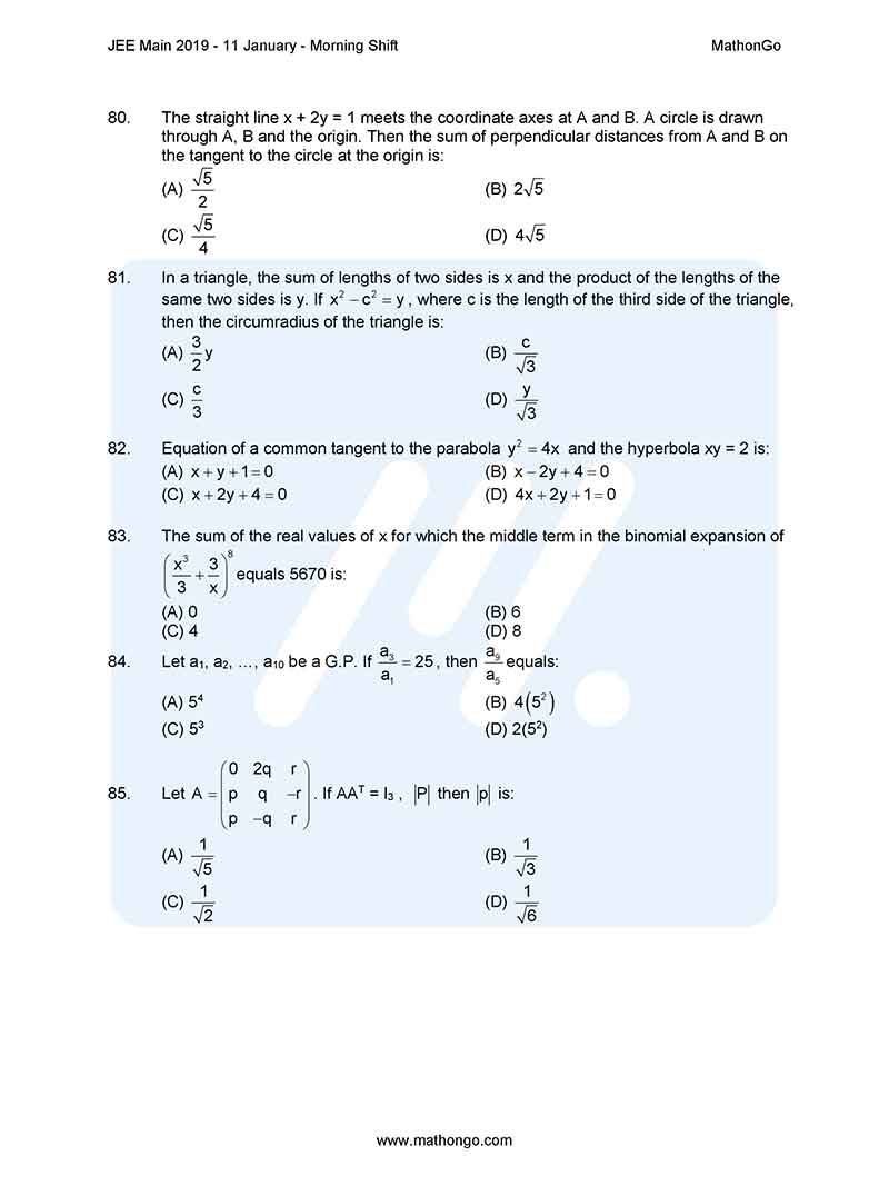 JEE Main 2019 Question Paper with Answer Keys (11th Jan – Morning ...