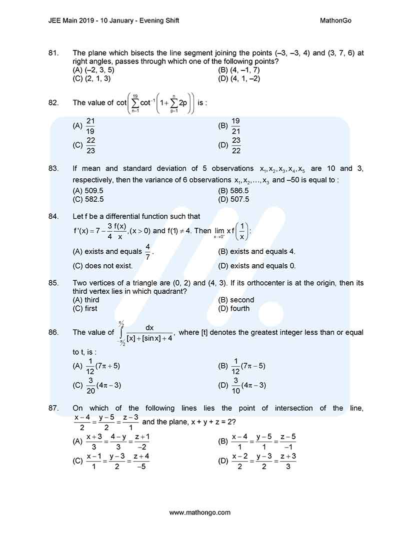 JEE Main 2019 Question Paper with Answer Keys (10th January – Evening ...