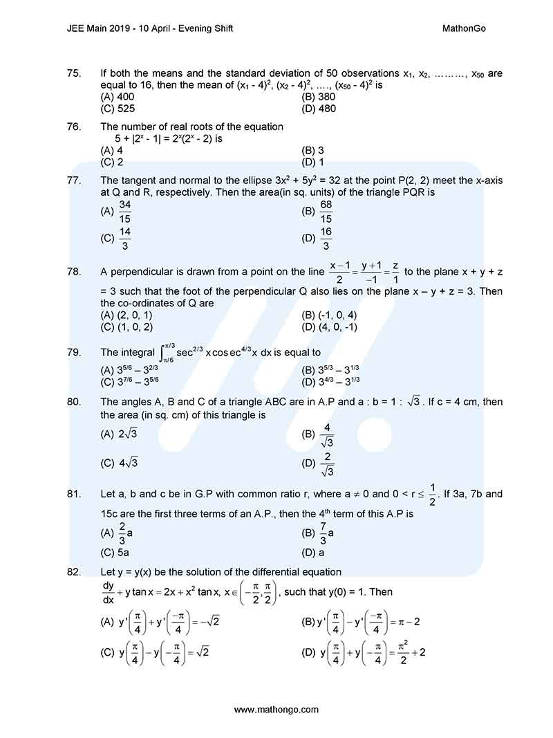 JEE Main 2019 Question Paper with Answer Keys (10th April – Evening ...