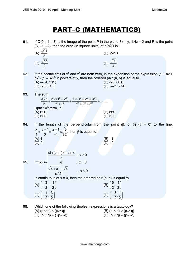JEE Main 2019 Question Paper with Answer Keys (10th April – Morning ...