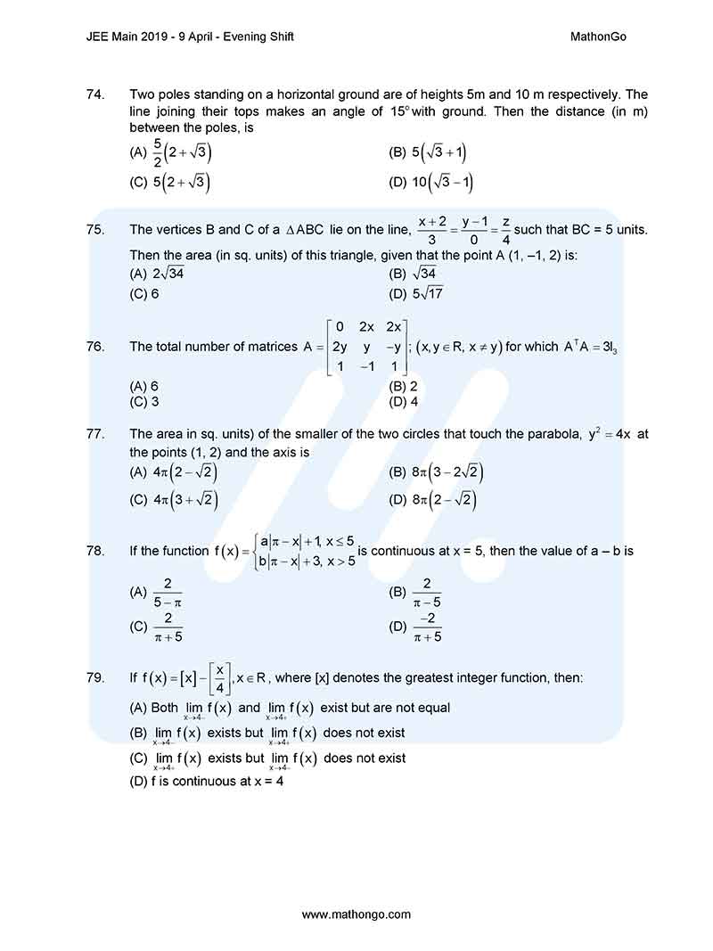 JEE Main 2019 Question Paper with Answer Keys (9th April – Evening ...