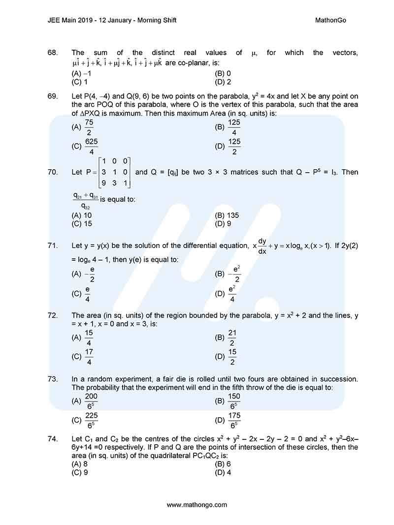 JEE Main 2019 Question Paper with Answer Keys (12th Jan – Morning ...
