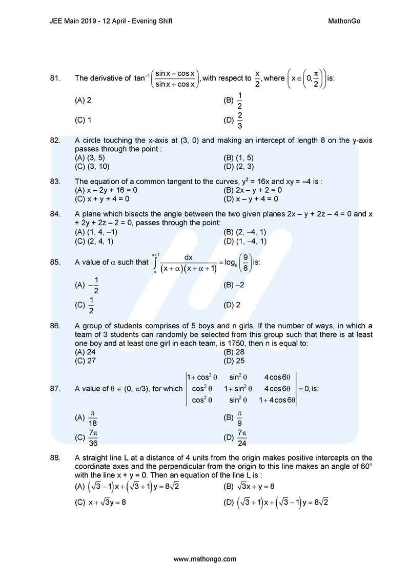 JEE Main 2019 Question Paper with Answer Keys – (12th April – Evening ...