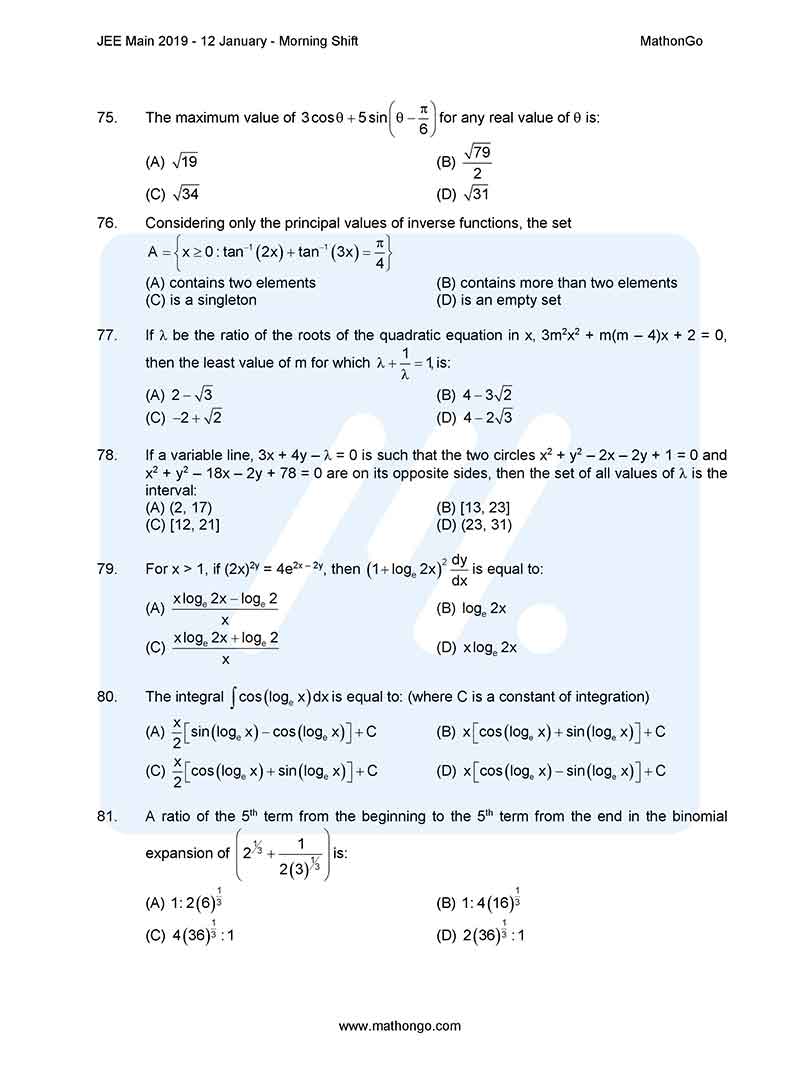 JEE Main 2019 Question Paper with Answer Keys (12th Jan – Morning ...