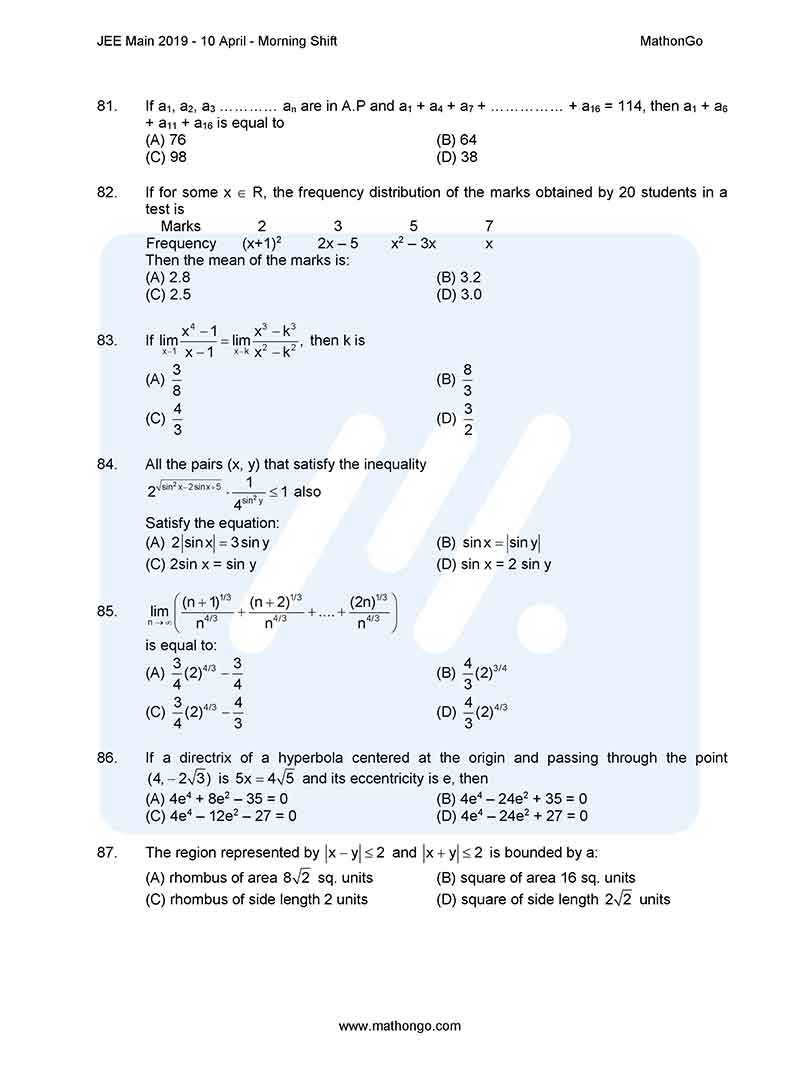 JEE Main 2019 Question Paper with Answer Keys (10th April – Morning ...
