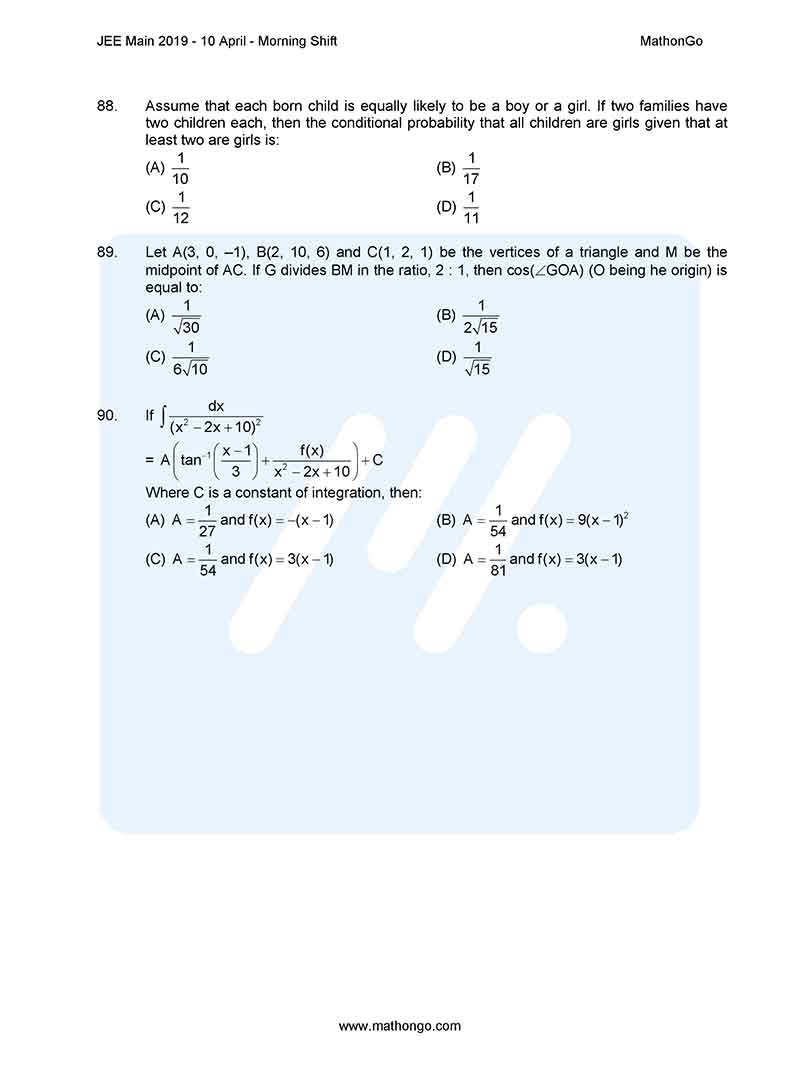 JEE Main 2019 Question Paper with Answer Keys (10th April – Morning ...