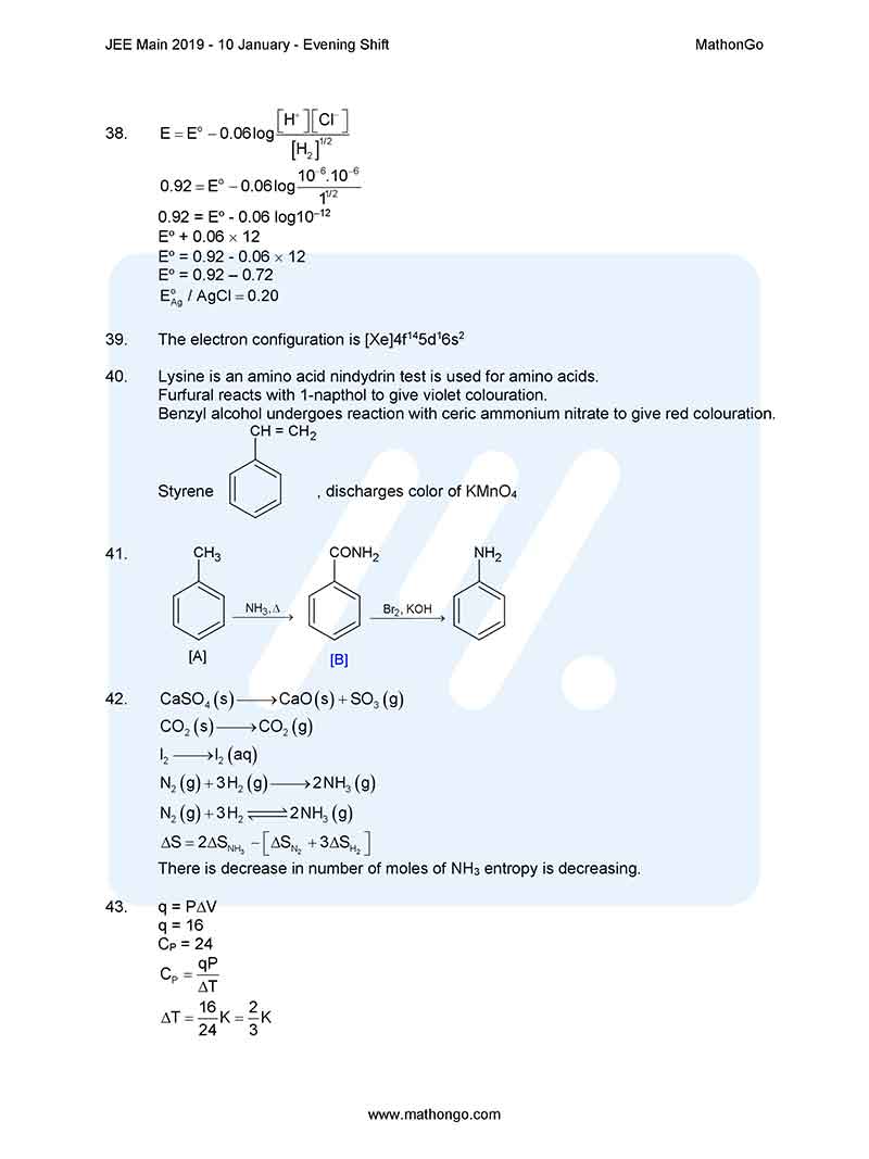 JEE Main 2019 Question Paper with Answer Keys (10th January – Evening ...