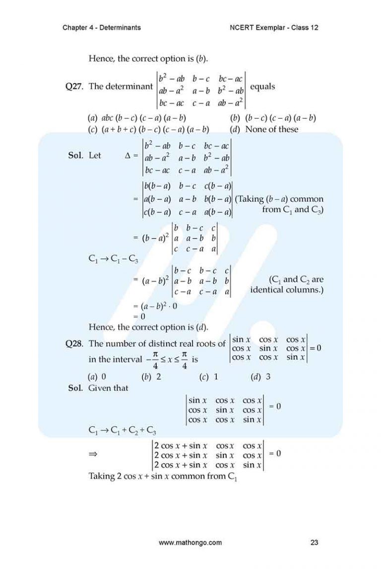 NCERT Exemplar for Class 12 Maths Chapter 4 – MathonGo