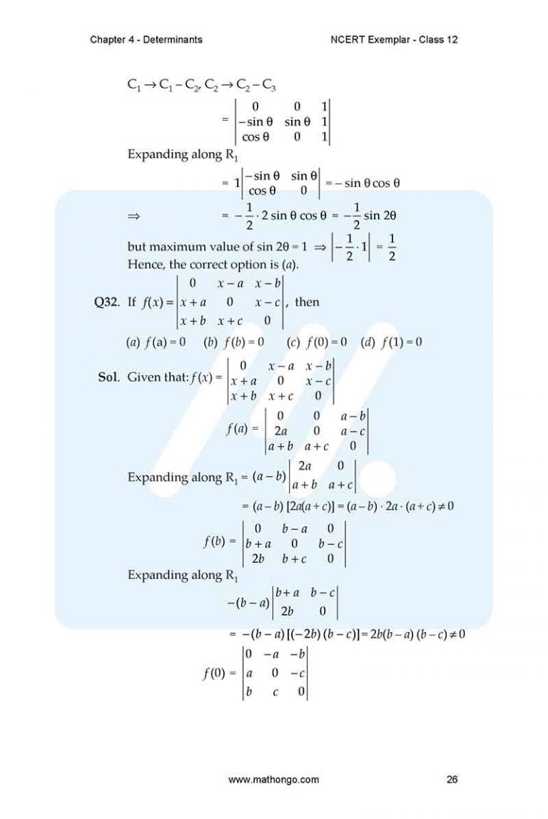 NCERT Exemplar for Class 12 Maths Chapter 4 – MathonGo