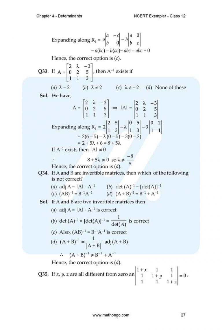 NCERT Exemplar for Class 12 Maths Chapter 4 – MathonGo