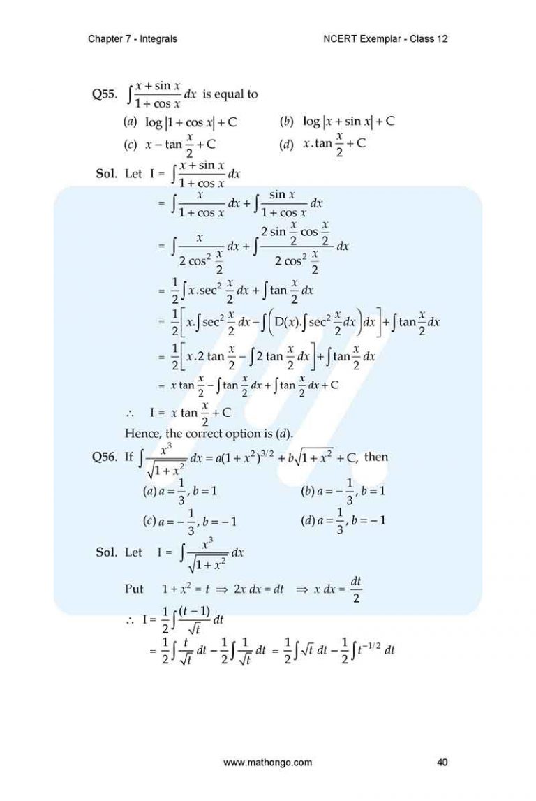 NCERT Exemplar Solutions For Class 12 Maths Chapter 7 Integrals