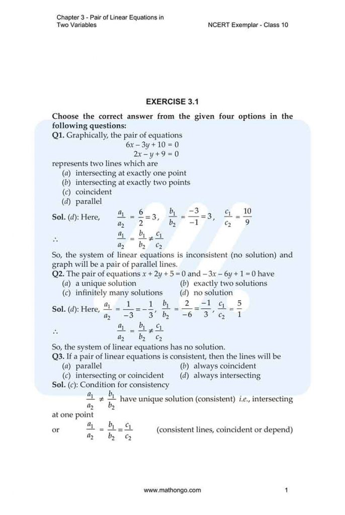 NCERT Exemplar For Class 10 Maths Chapter 3 Pair Of Linear Equations