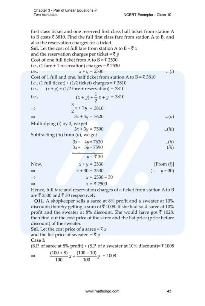 NCERT Exemplar For Class 10 Maths Chapter 3 Pair Of Linear Equations