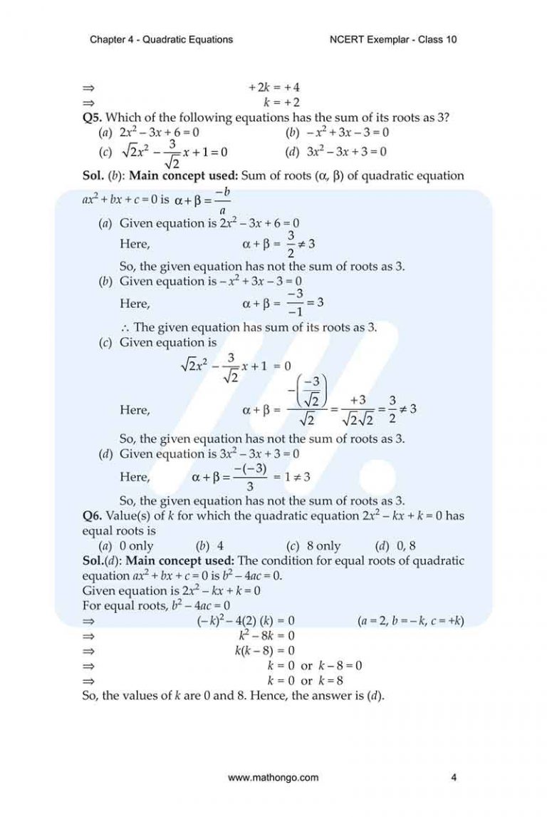NCERT Exemplar for Class 10 Maths Chapter 4 – MathonGo