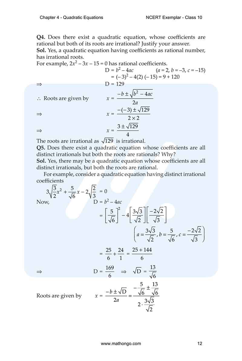 NCERT Exemplar for Class 10 Maths Chapter 4 – MathonGo