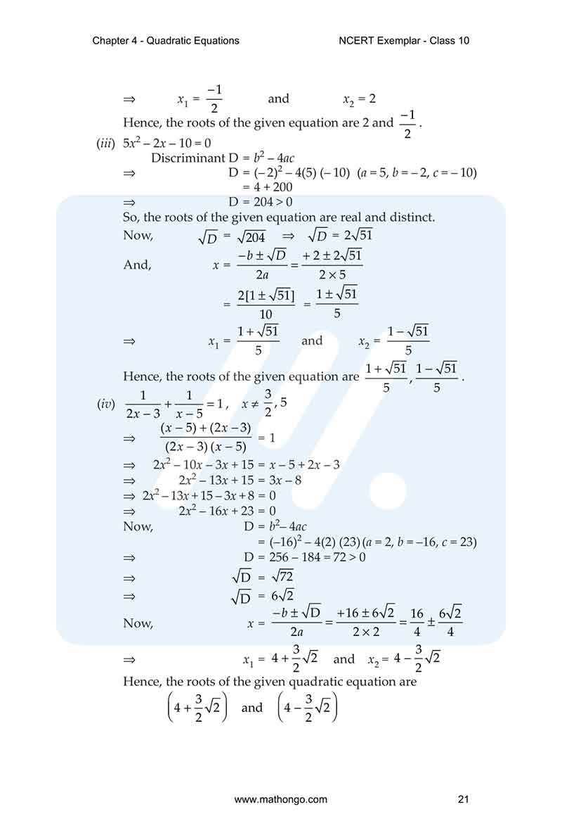NCERT Exemplar for Class 10 Maths Chapter 4 – MathonGo