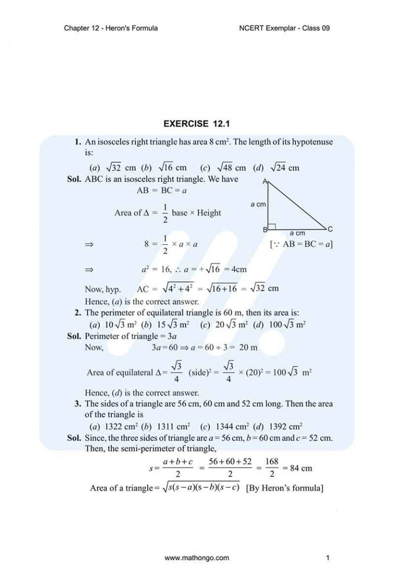 NCERT Exemplar for Class 9 Maths Chapter 12 – MathonGo
