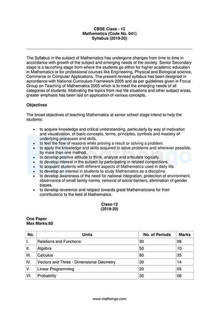 CBSE Syllabus For Class 12 Maths MathonGo