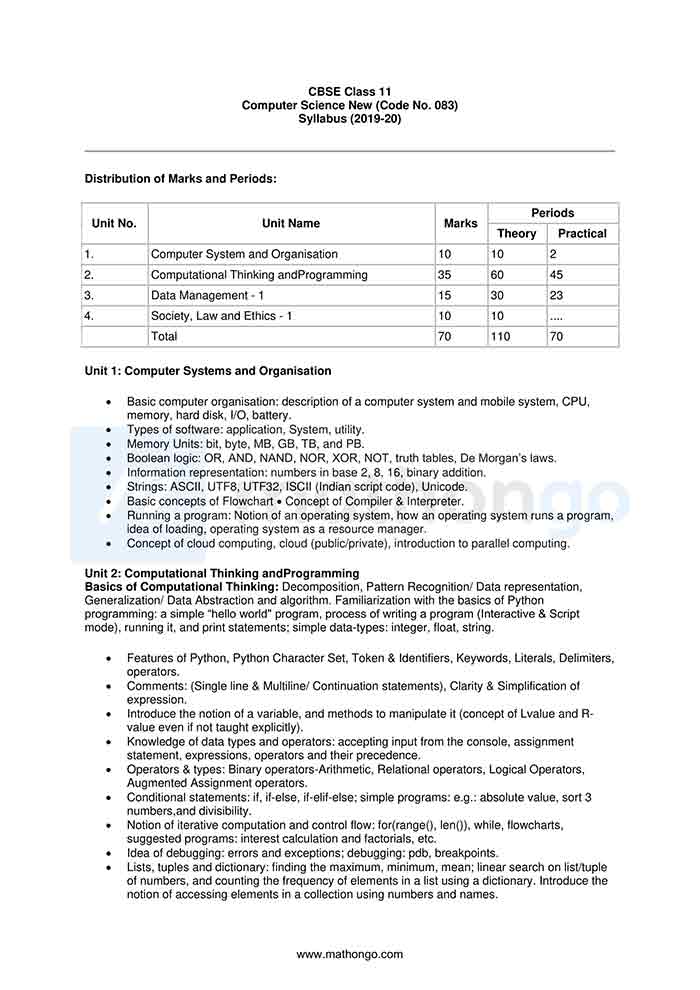 CBSE Syllabus For Class 11 Computer Science MathonGo