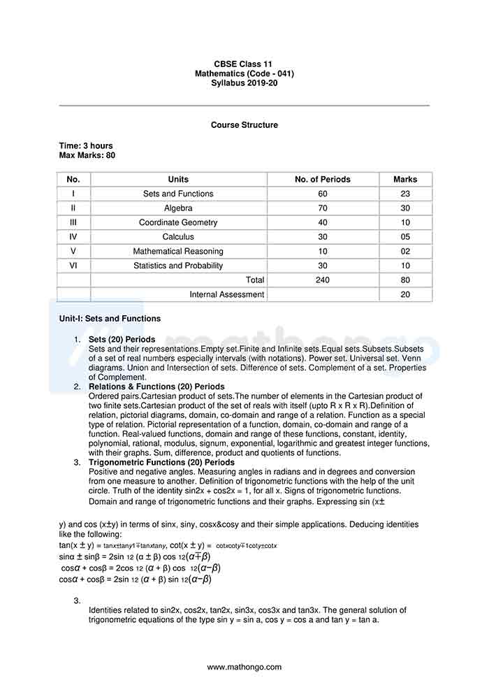 CBSE Syllabus For Class 11 Maths MathonGo