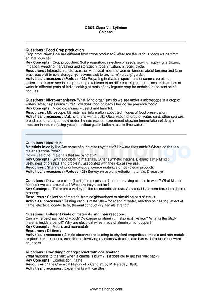 CBSE Syllabus For Class 8 Science MathonGo