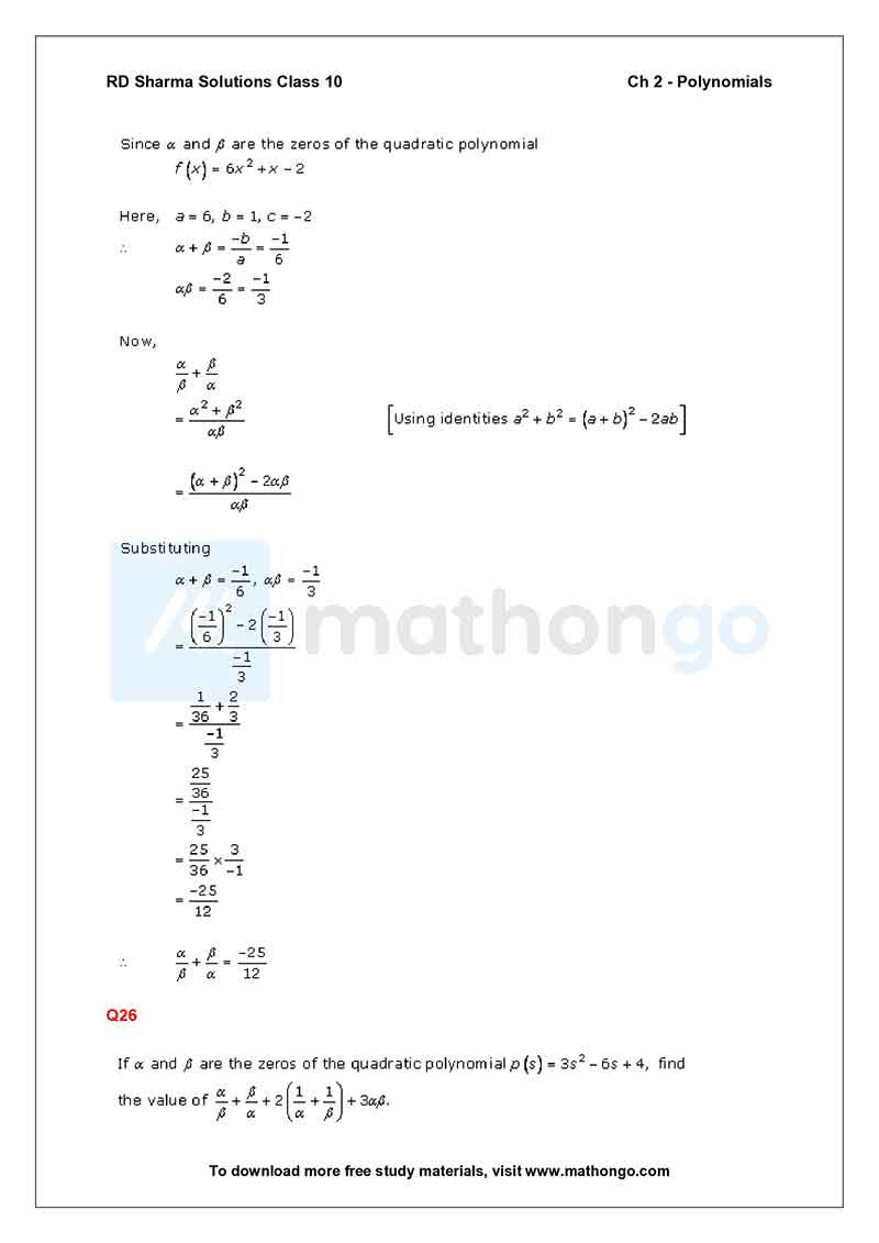 RD Sharma Class 10 Solutions Chapter 2 – Polynomials – MathonGo