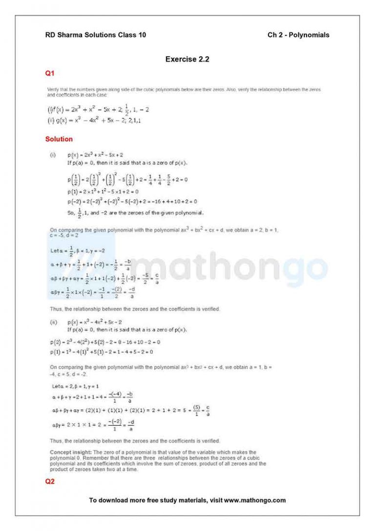 RD Sharma Class 10 Solutions Chapter 2 - Polynomials - PDF Download