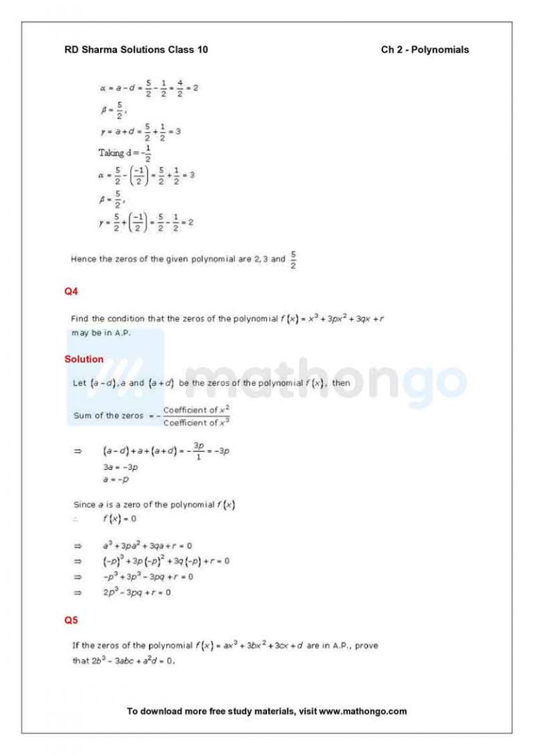 RD Sharma Class 10 Solutions Chapter 2 - Polynomials - PDF Download