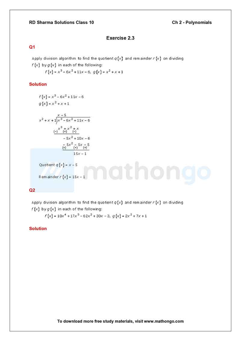 RD Sharma Class 10 Solutions Chapter 2 - Polynomials - PDF Download
