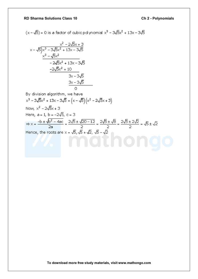 RD Sharma Class 10 Solutions Chapter 2 - Polynomials - PDF Download RD Sharma Class 10 Solutions Chapter 2 - Polynomials - PDF Download