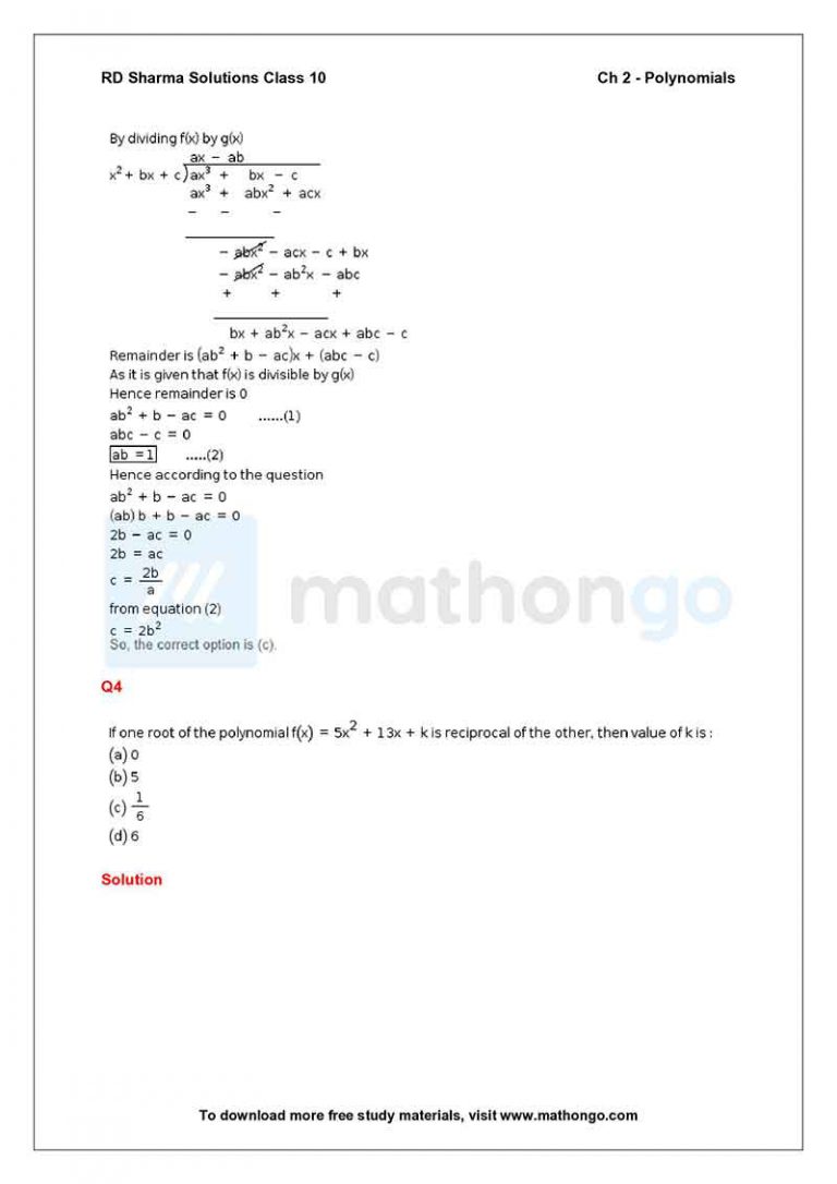 RD Sharma Class 10 Solutions Chapter 2 - Polynomials - PDF Download
