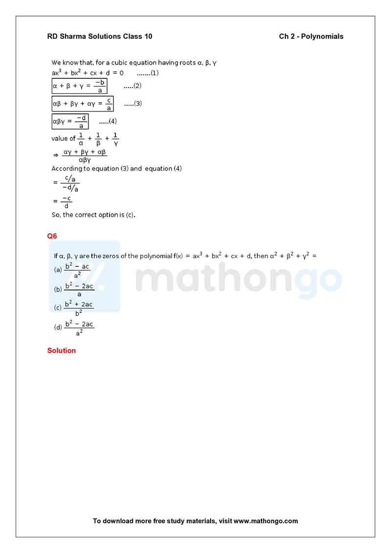 RD Sharma Class 10 Solutions Chapter 2 - Polynomials - PDF Download
