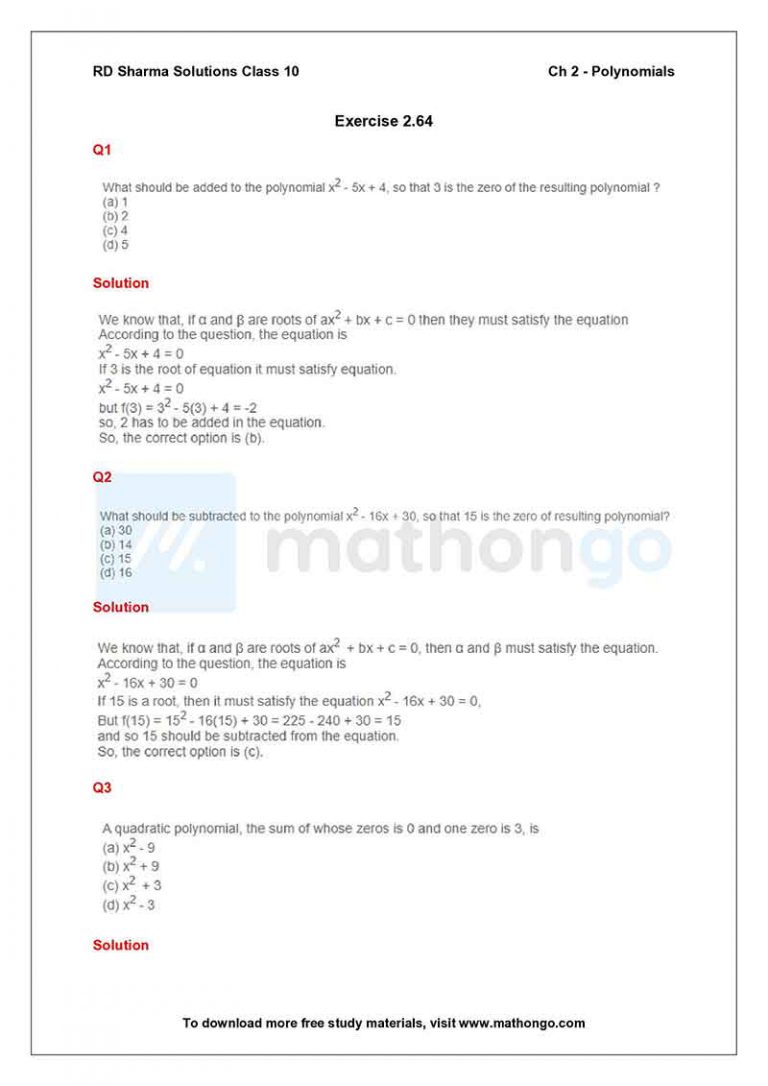 RD Sharma Class 10 Solutions Chapter 2 - Polynomials - PDF Download
