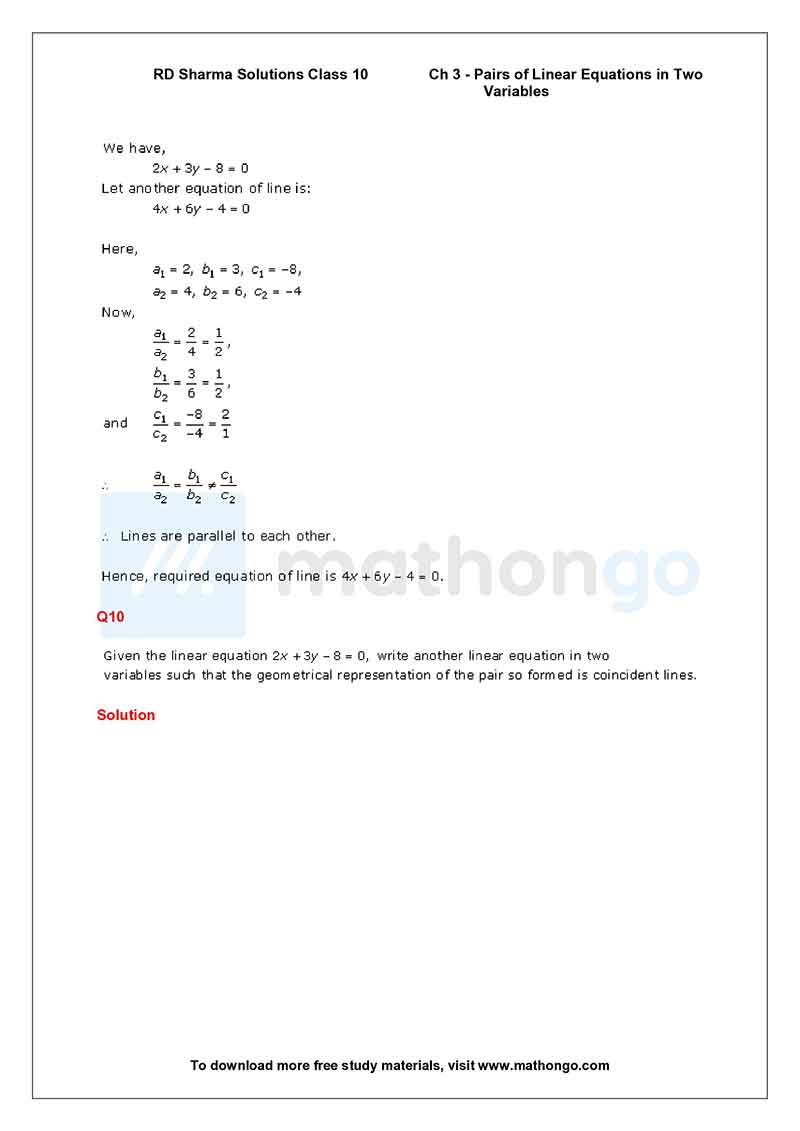 RD Sharma Class 10 Solutions Chapter 3 – Pair of Linear Equations in ...