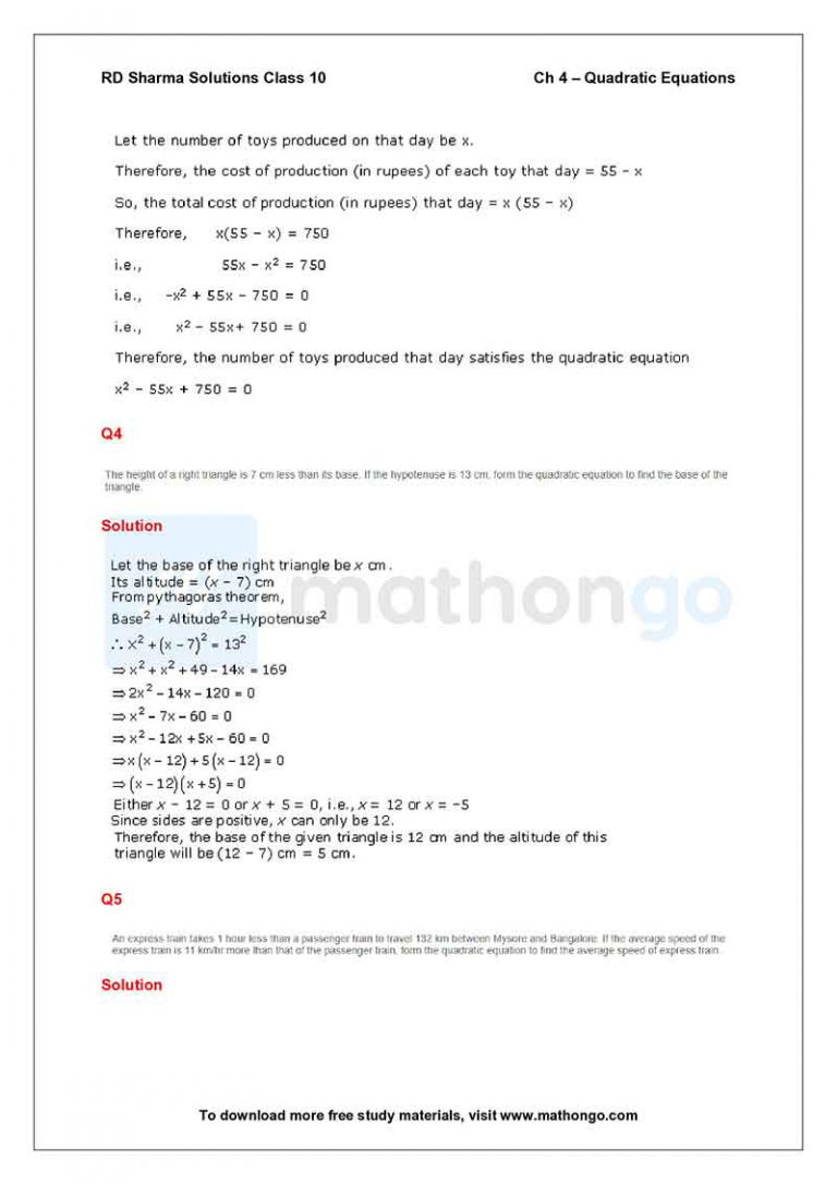 RD Sharma Class 10 Solutions Chapter 4 – Quadratic Equations – MathonGo