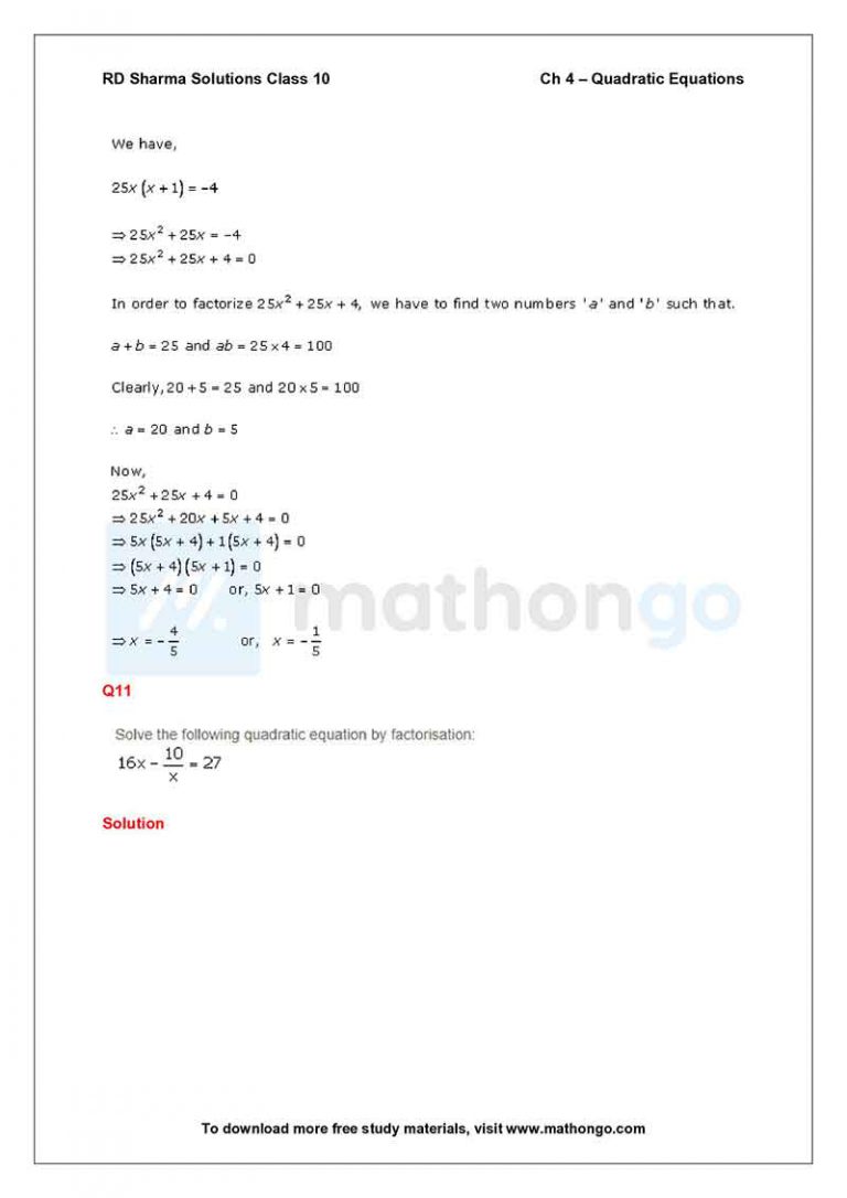 RD Sharma Class 10 Solutions Chapter 4 – Quadratic Equations – MathonGo