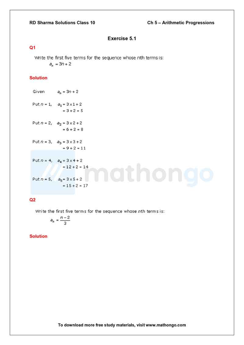 RD Sharma Class 10 Solutions Chapter 5 – Arithmetic Progressions – MathonGo
