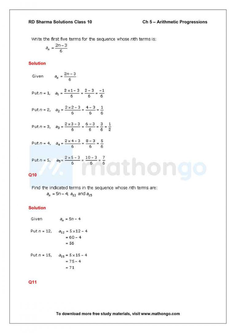RD Sharma Class 10 Solutions Chapter 5 – Arithmetic Progressions – MathonGo