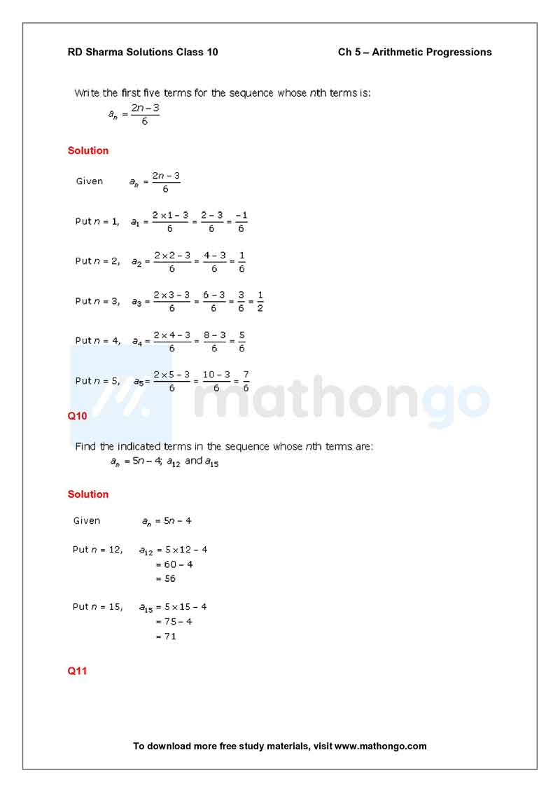 RD Sharma Class 10 Solutions Chapter 5 – Arithmetic Progressions – MathonGo