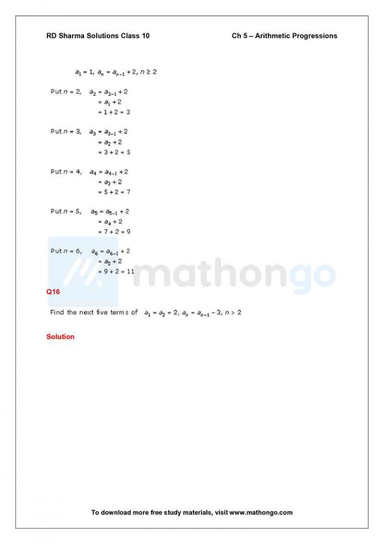 RD Sharma Class 10 Solutions Chapter 5 – Arithmetic Progressions – MathonGo