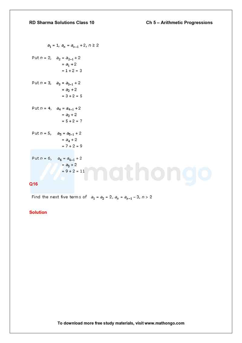 RD Sharma Class 10 Solutions Chapter 5 – Arithmetic Progressions – MathonGo